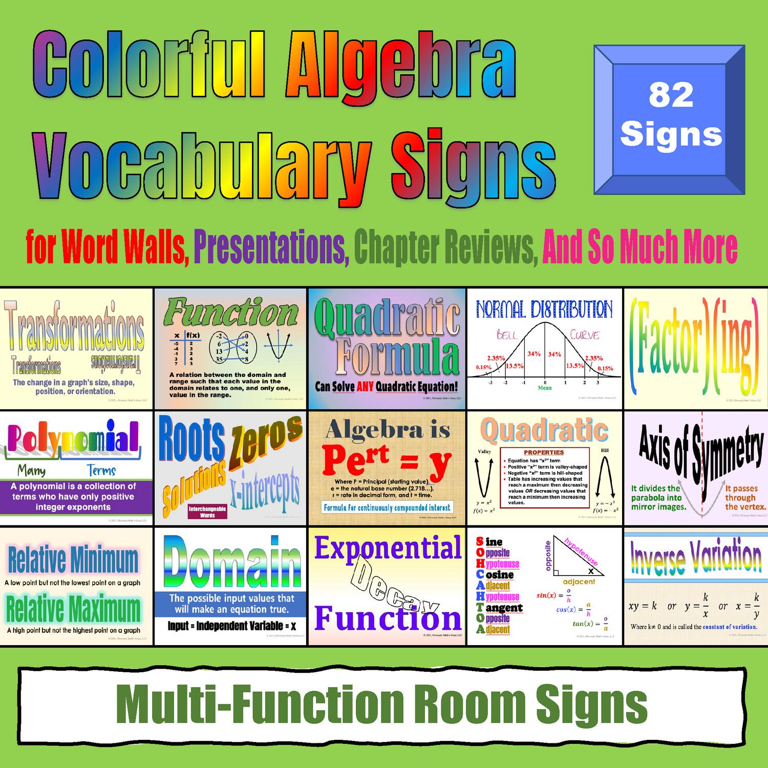 ALGEBRA 1 2 Colorful Word Wall Vocabulary Signs 8 5 X 11 82