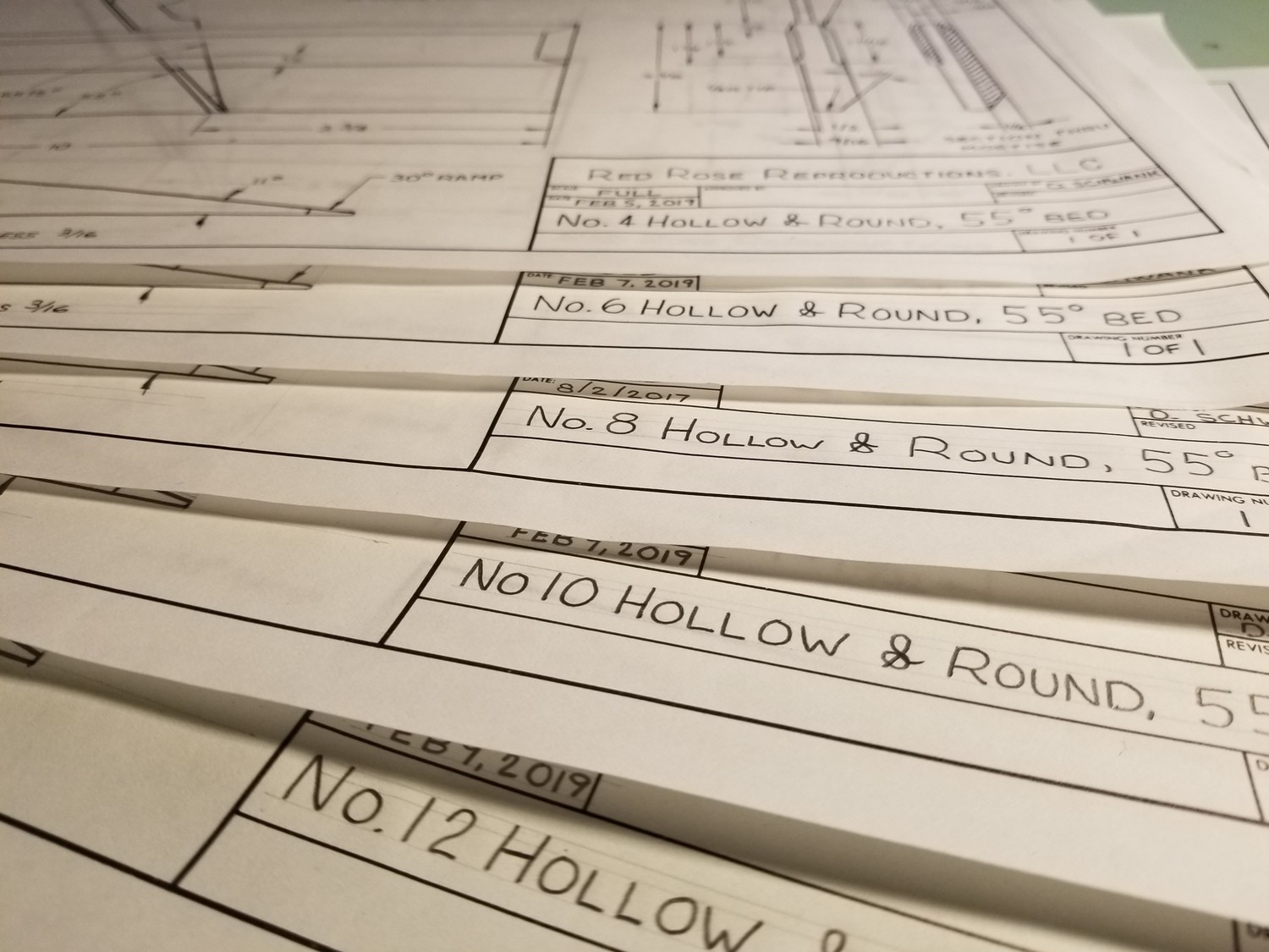 Set of five hollow and round plane plans