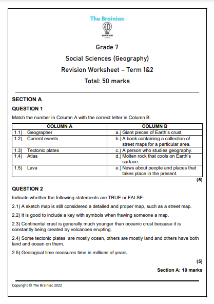 Gr 7 Geography Revision Worksheet - Term 1&2