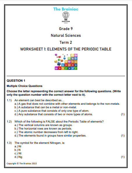 Gr 9 Natural Sciences Worksheets - Term 2