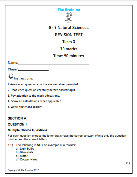 Gr 9 NS Revision Test - Term 3