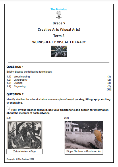 Gr 9 Visual Arts Worksheets - Term 3