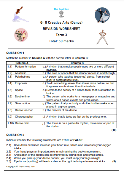 Gr 8 Dance Revision Worksheet - Term 3