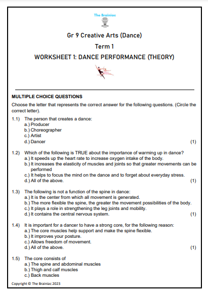 Gr 9 Dance Worksheets - Term 1
