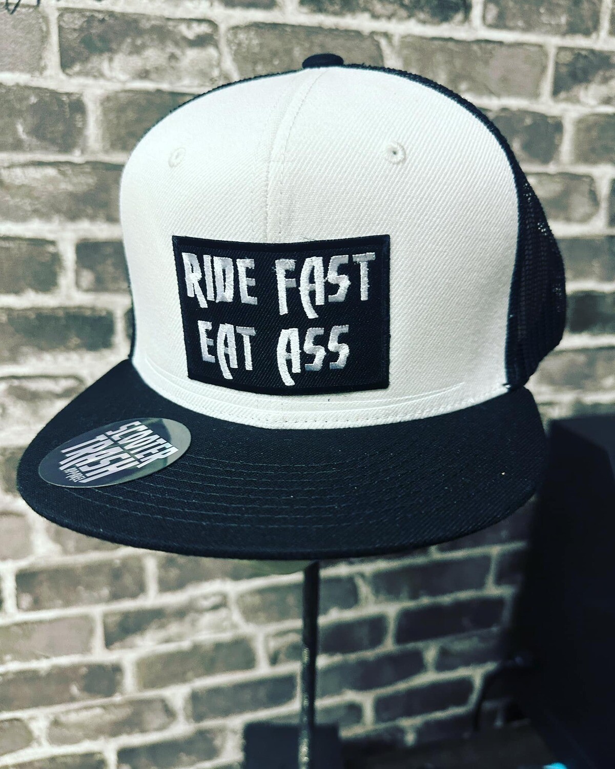 RIDE FAST EAT ASS- BLACK BILL - WHITE TOP - BLACK MESH BACK - PATCH ...