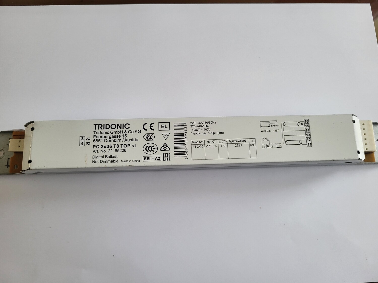 TRIDONIC 2X36W RÉF 22185226 BALLAST ELECTRONIQUE POUR 2 TUBES 1,2 METRES