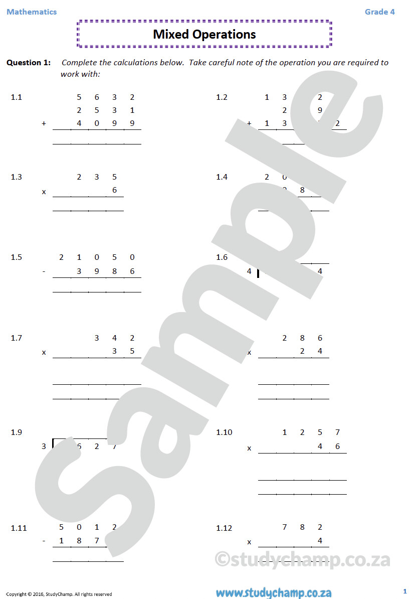 Grade 4 Mathematics worksheet: Mixed Practice - all operations