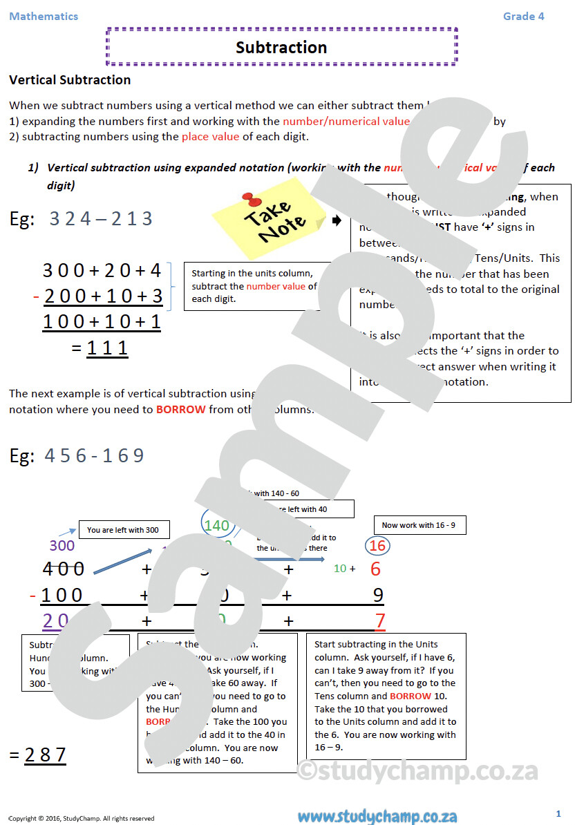 Grade 4 Mathematics worksheet: Subtraction