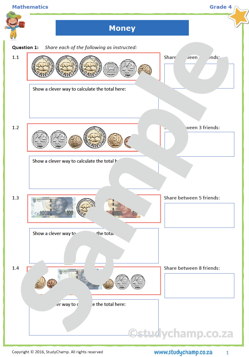 Grade 4 Mathematics worksheet: Money