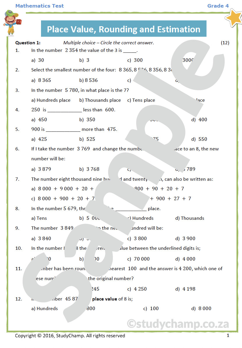 Grade 4 Mathematics Test: Number value, Place value, Rounding and ...