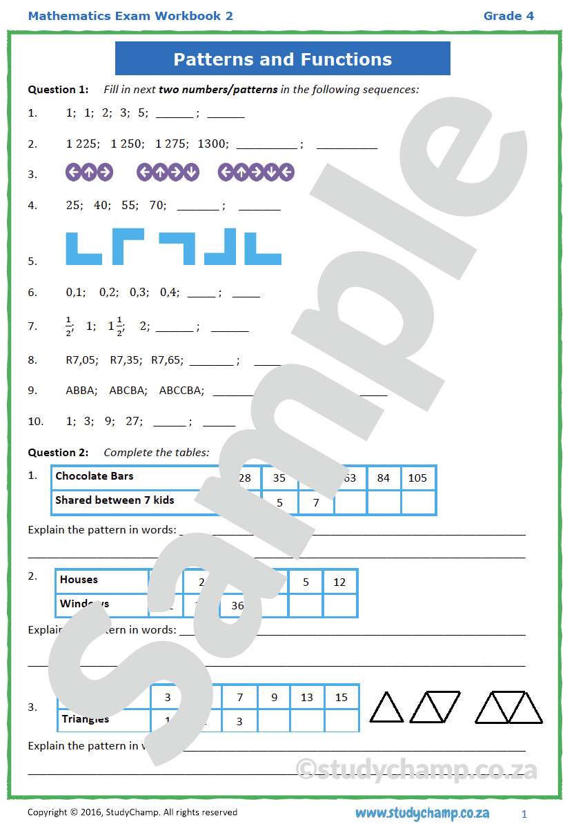 Grade 4 Maths Year-end Exam workbook 2: Patterns and Functions