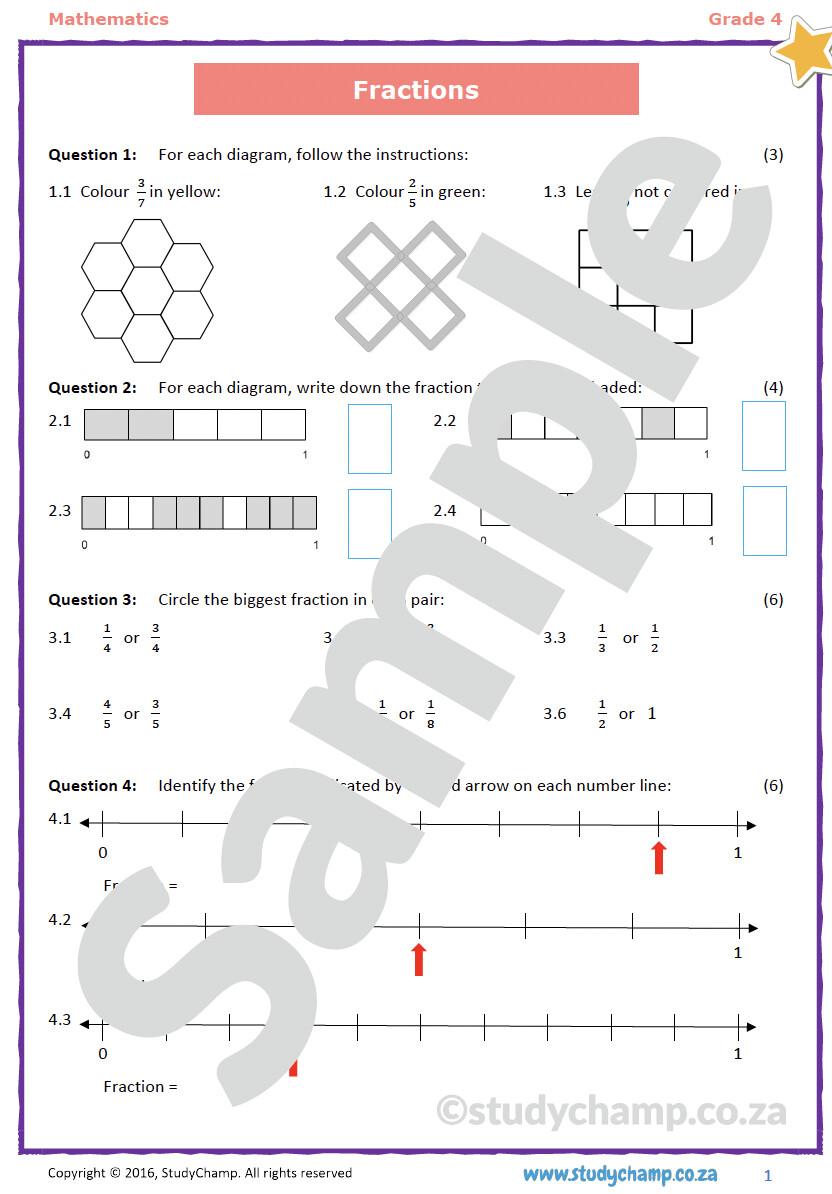 Grade 4 Mathematics Test: Mixed skills - Fractions, Measurement and Grids