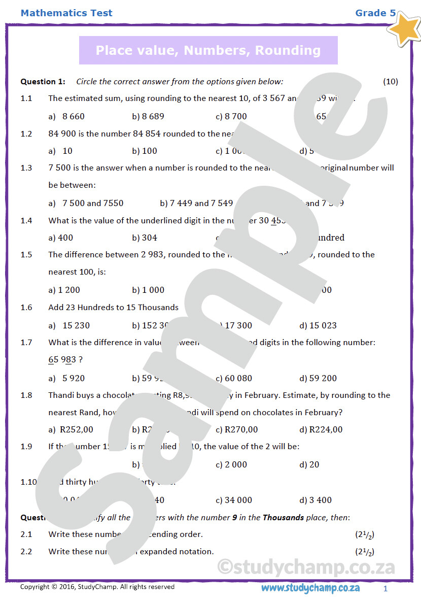 Grade 5 Mathematics Test: Place Value, Number concepts and Rounding
