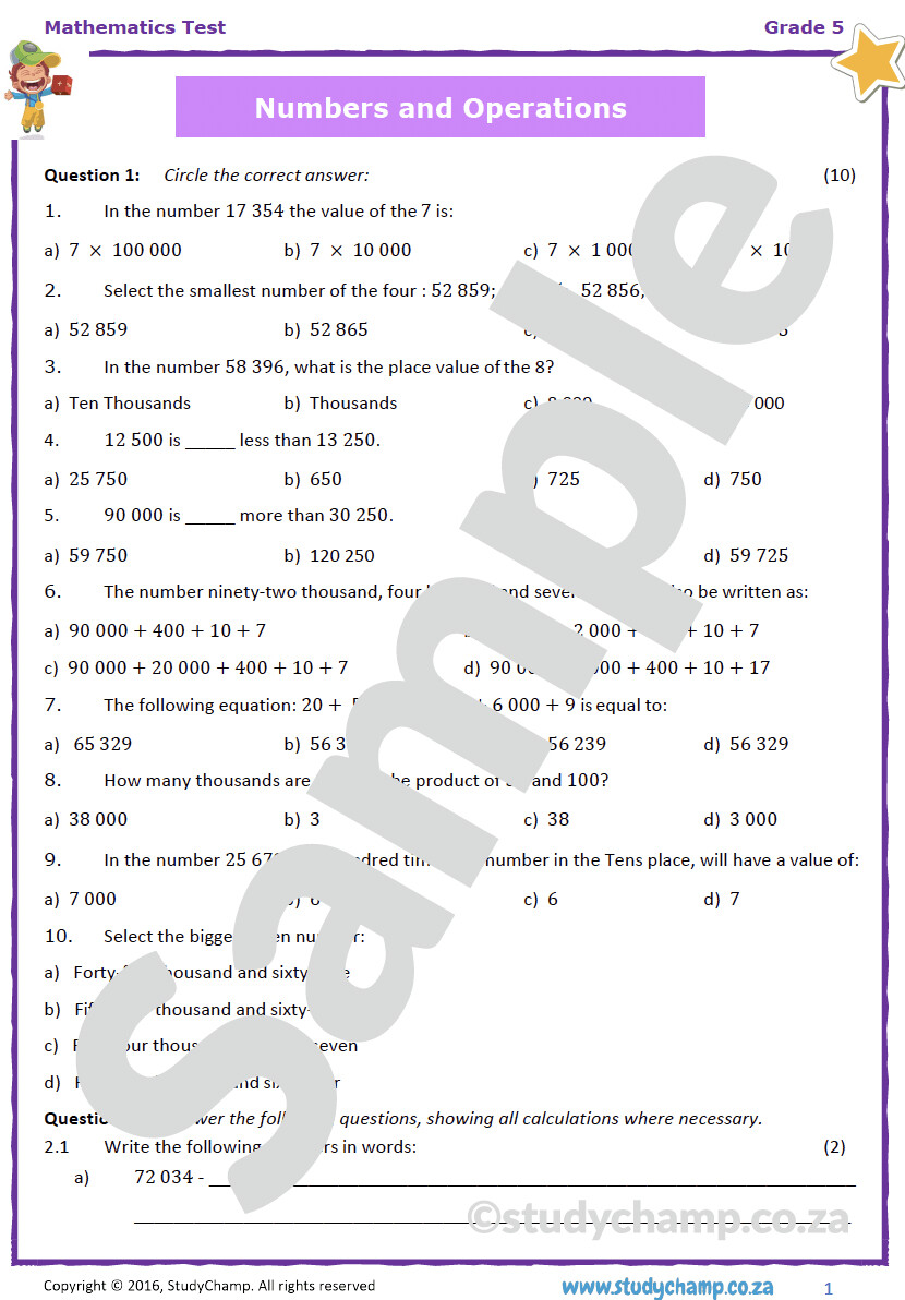 Grade 5 Mathematics Test: Numbers and Operations