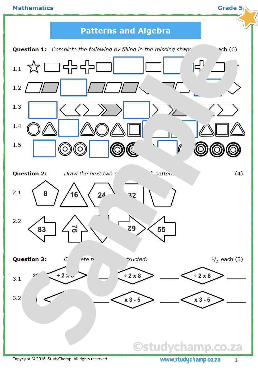 Grade 5 Mathematics Test: Number Patterns and Algebra