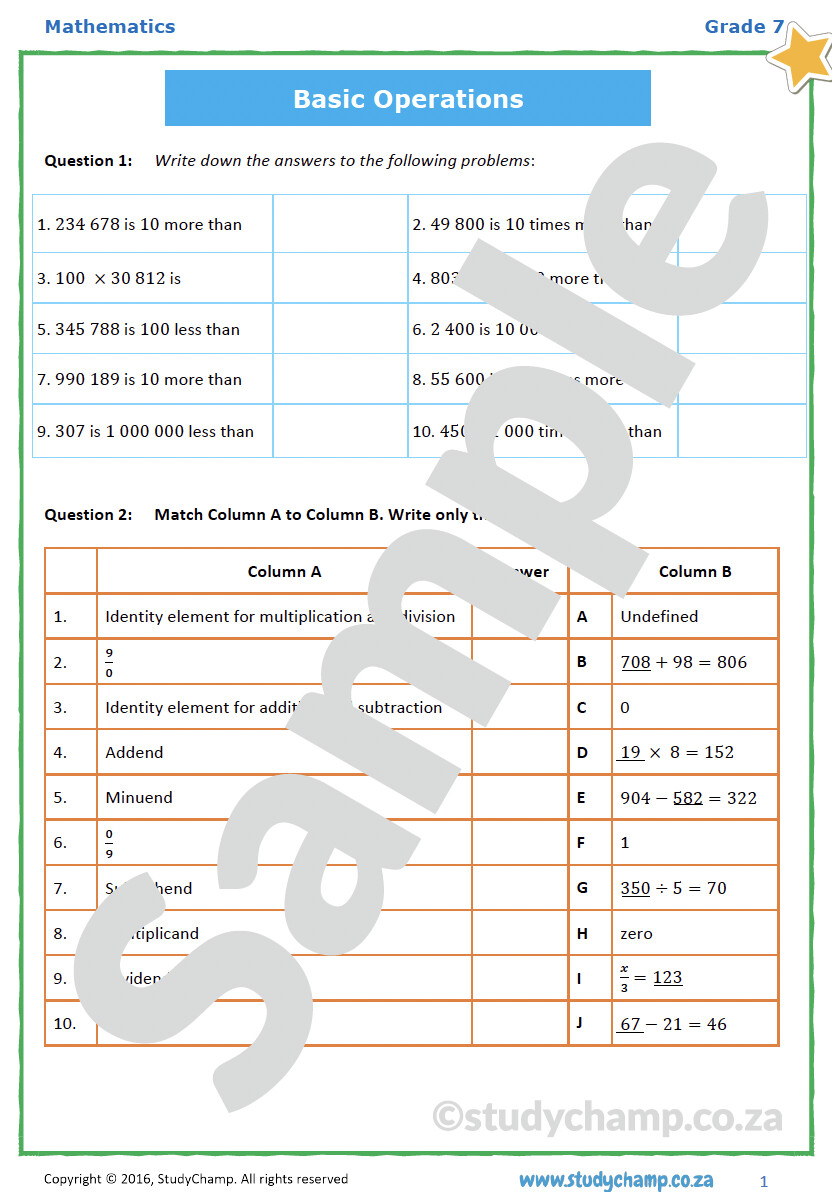 Grade 7 Mathematics Workbook: Number concepts and Operations