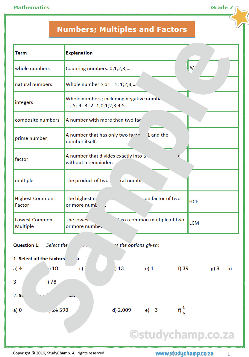 Grade 7 Mathematics Workbook: Numbers, Factors and Multiples