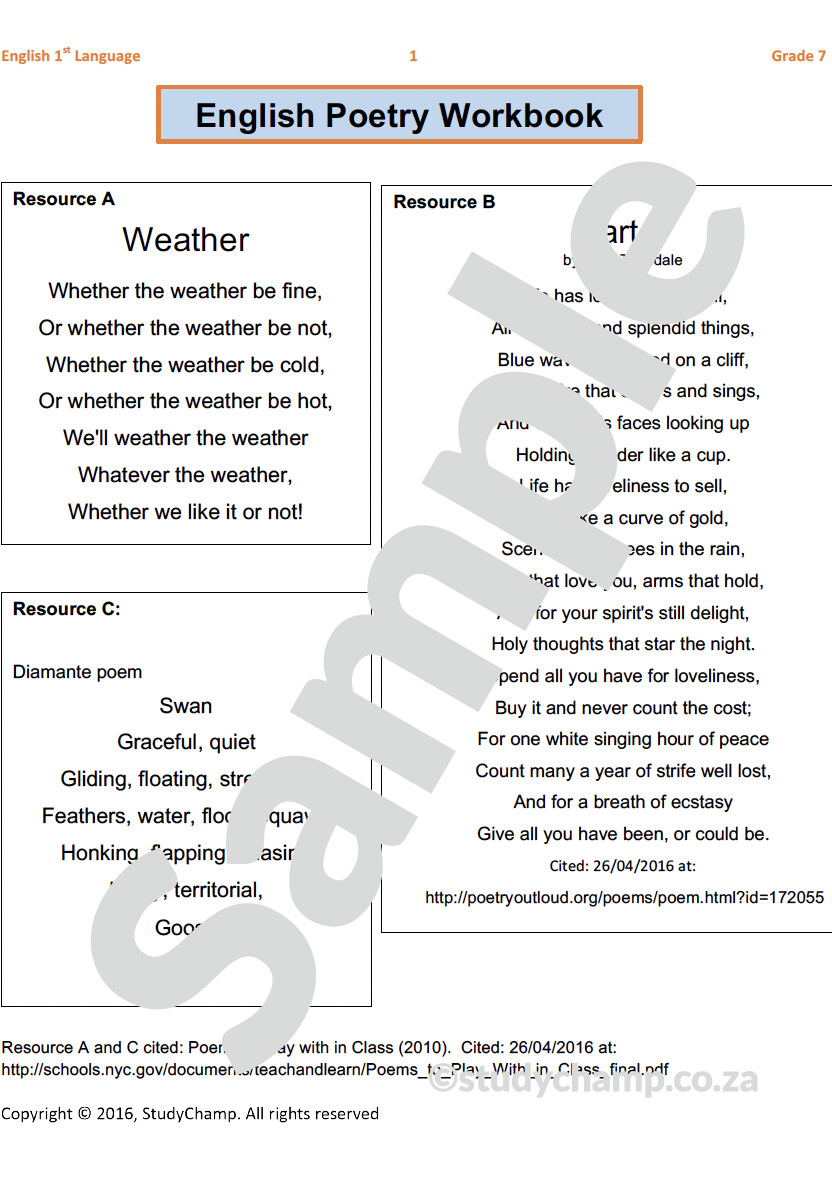 Grade 7 English Workbook Poetry Grade 7 English Workbook Poetry