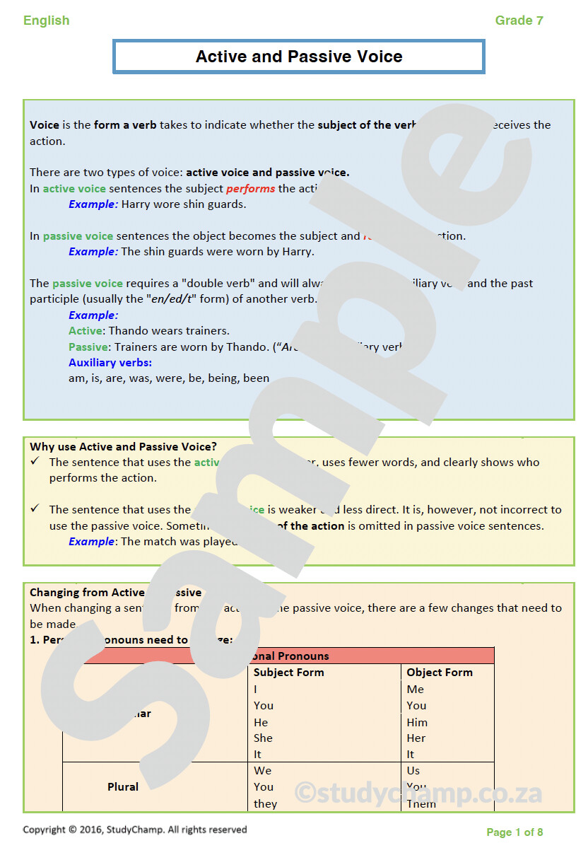 Grade 7 English Worksheet: Active and Passive Voice
