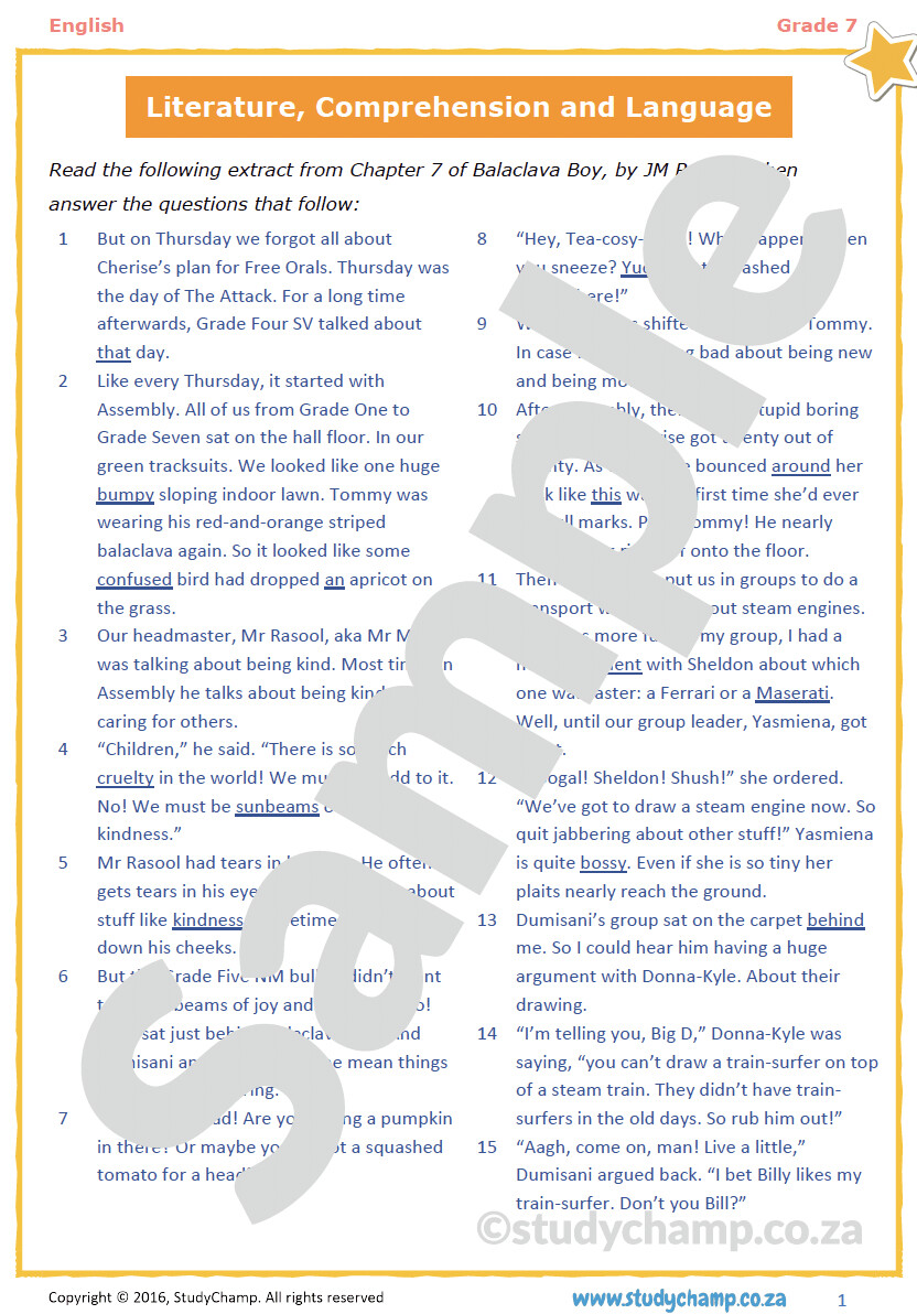 Grade 7 English Literature and Comprehension: Balaclava Boy