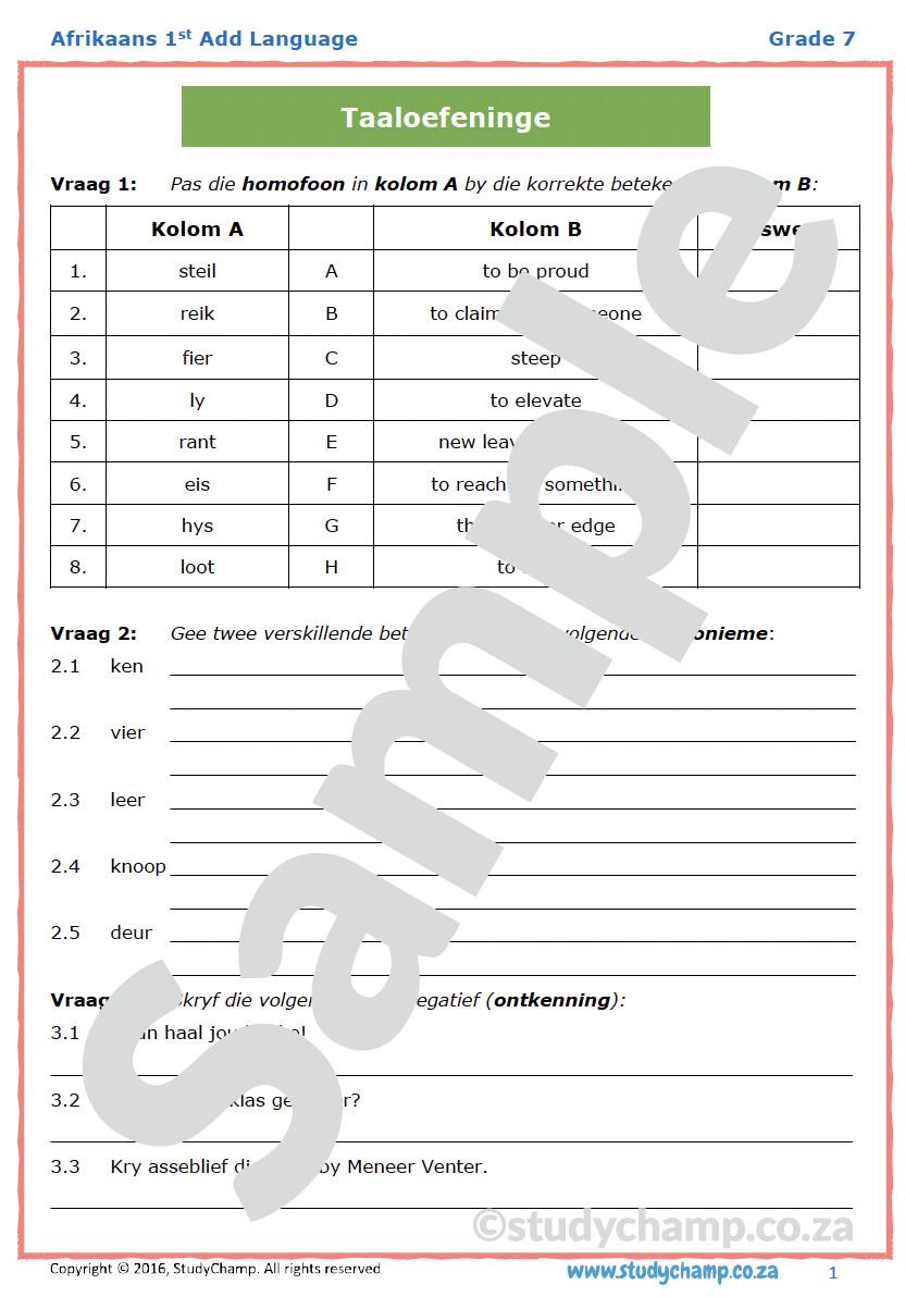Grade 7 Afrikaans: Algemene Taal 1