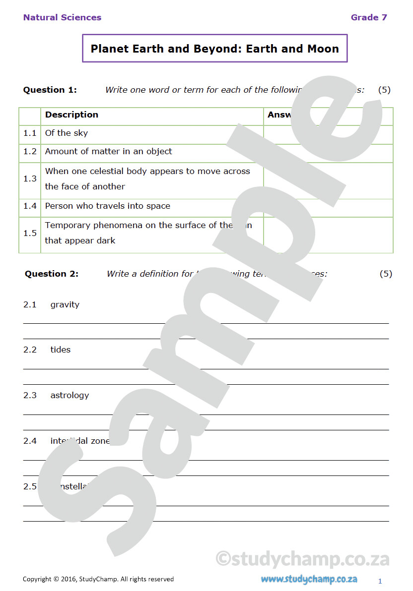 Grade 7 Natural Sciences Test: Earth and the Moon