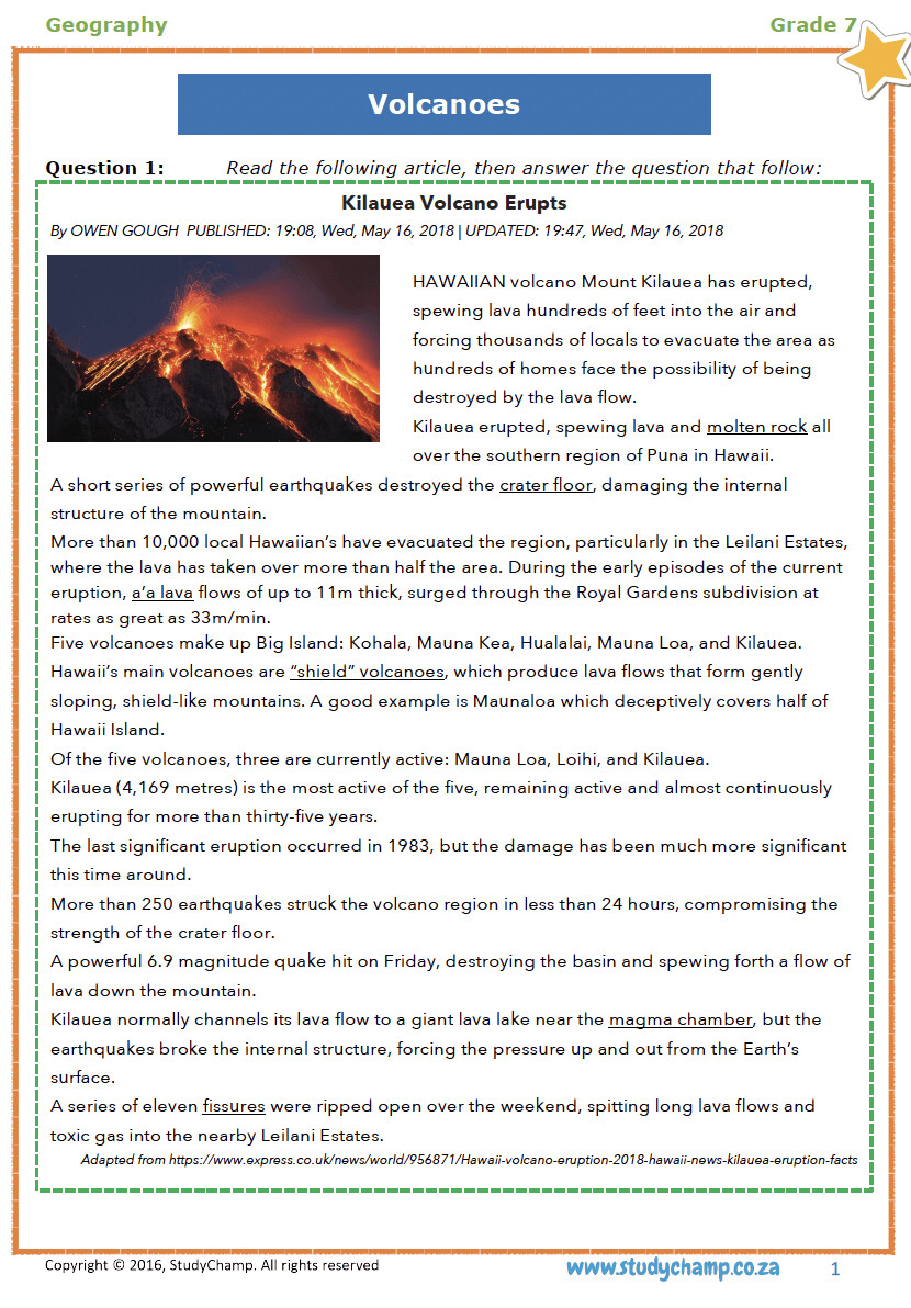 Grade 7 Geography Worksheet: Volcanoes