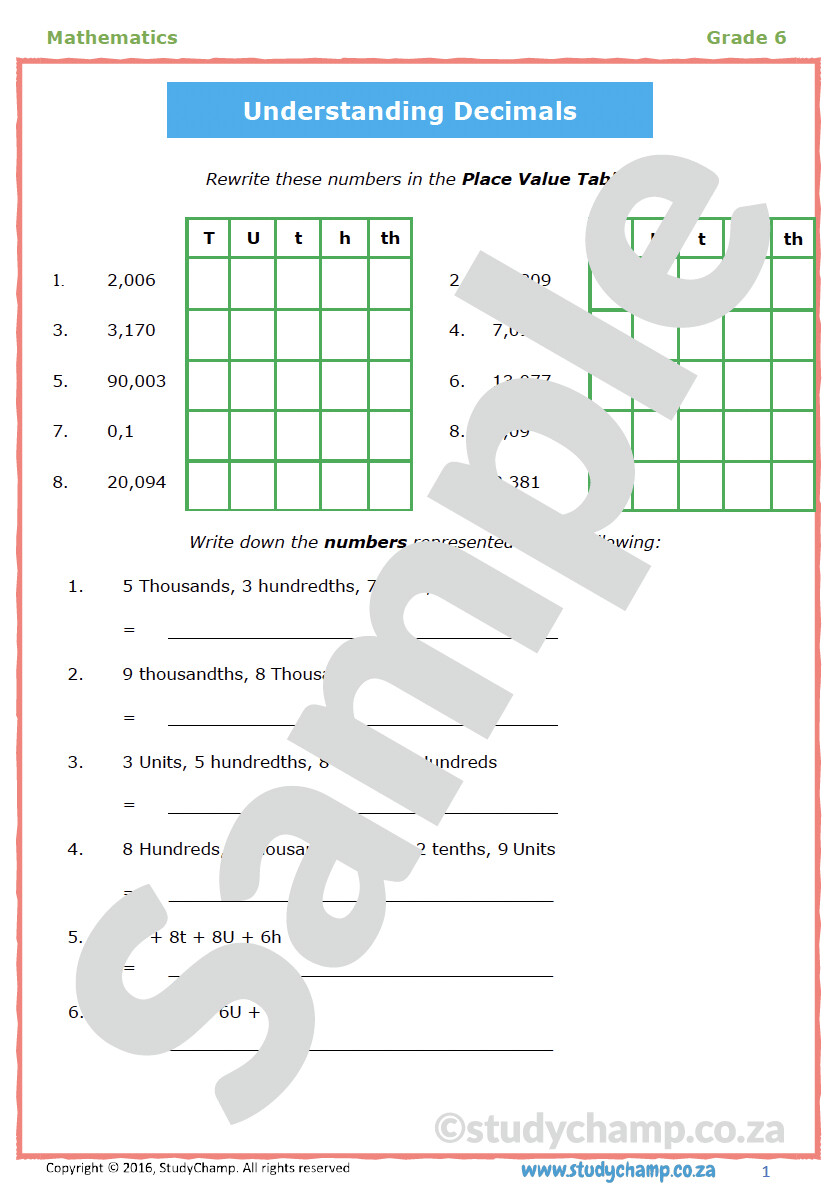 Grade 6 Maths Workbook: Decimal Fractions
