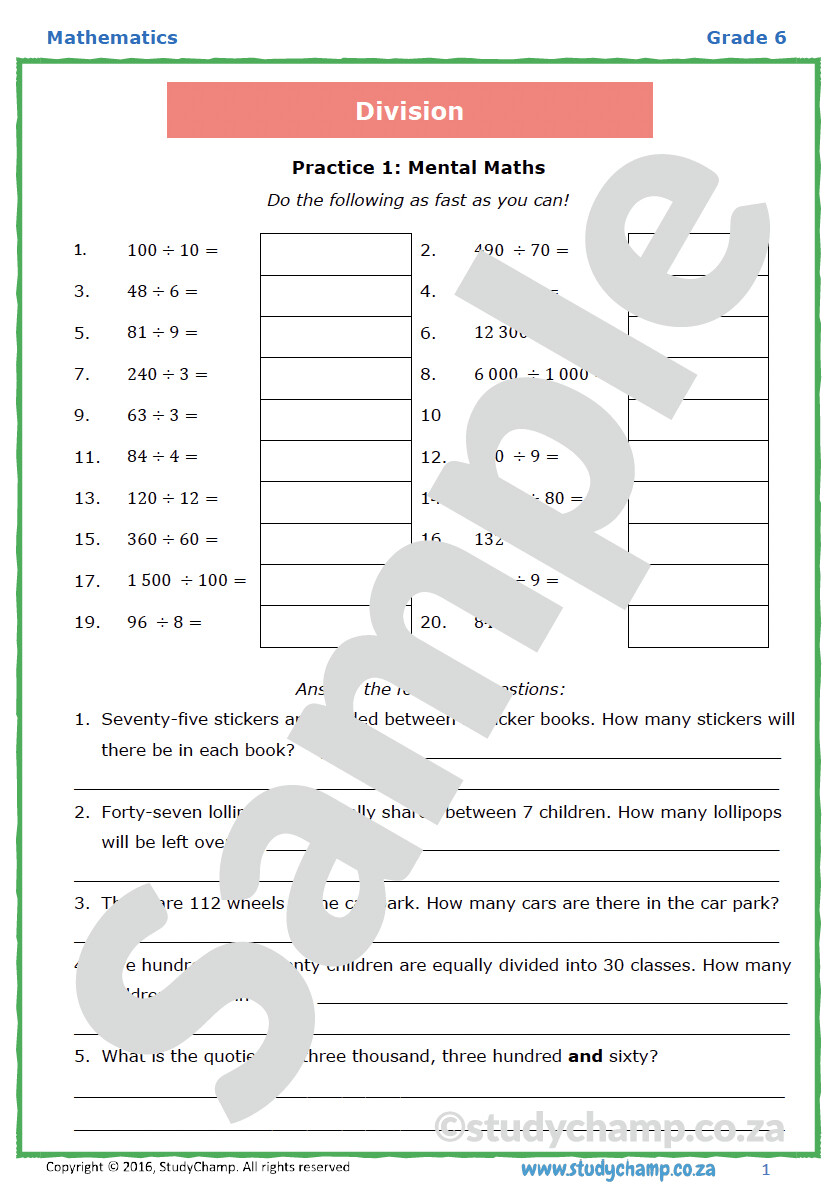 Grade 6 Maths Workbook: Division