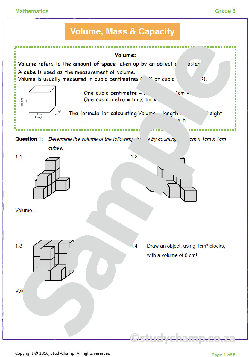 Grade 6 Maths Workbook: Measurement - Mass, volume, capacity