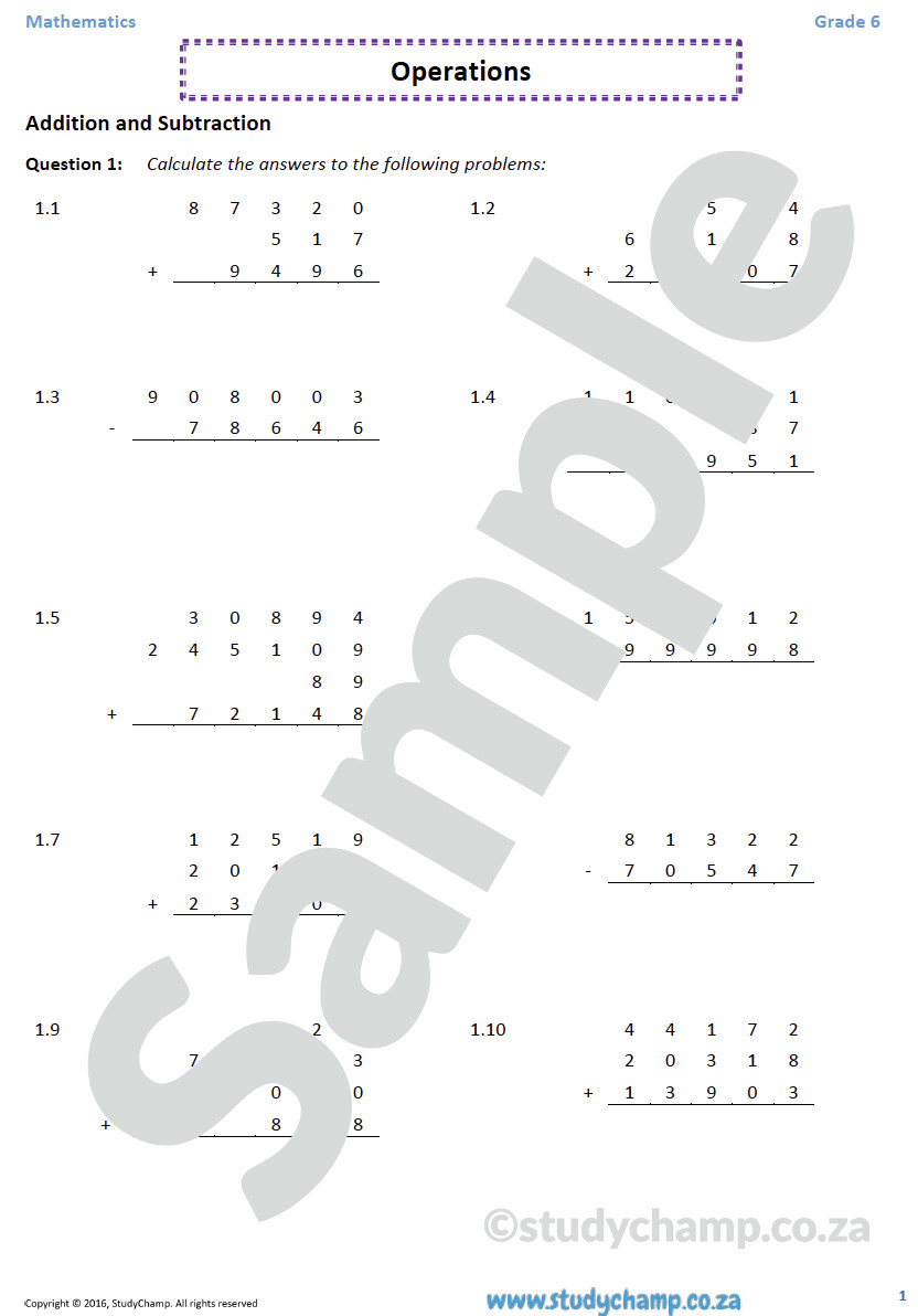 Grade 6 Maths Worksheet: Basic Operations