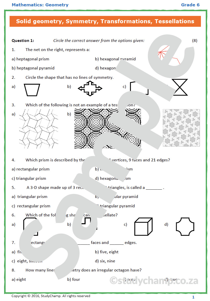 Grade 6 Maths Test: Geometry - Solids, Transformations and Symmetry