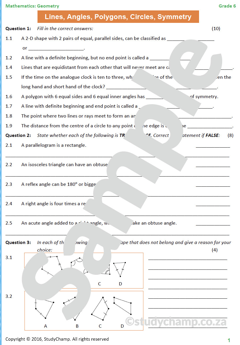 Grade 6 Maths Test: Geometry - Lines, Angles and Polygons