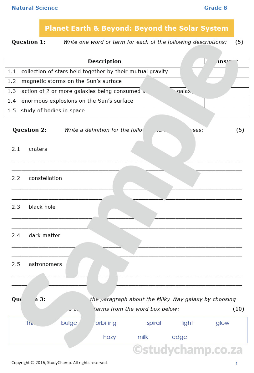 Grade 8 Natural Sciences Test: Beyond the Solar System
