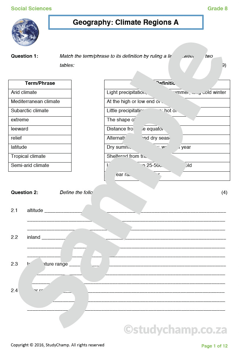 Grade 8 Geography Test: Climate Regions 1