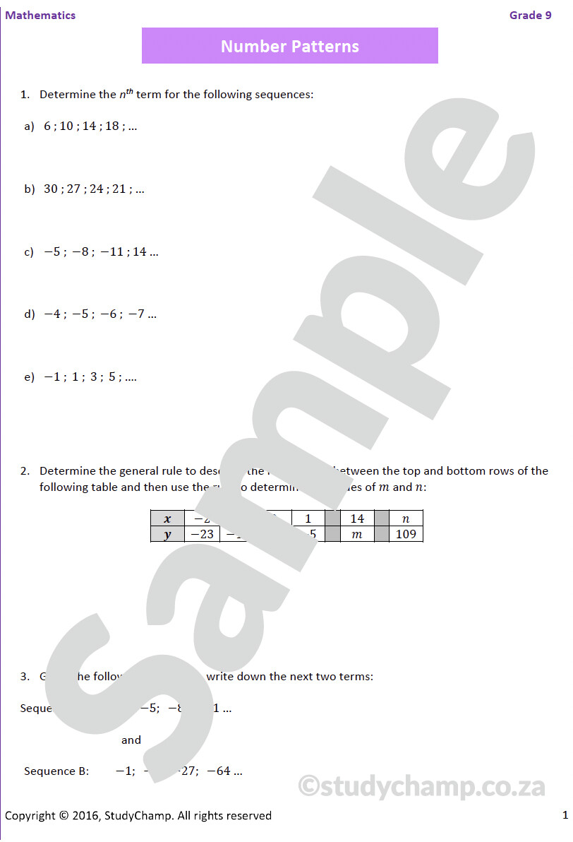 Grade 9 Mathematics Workbook: Number Patterns