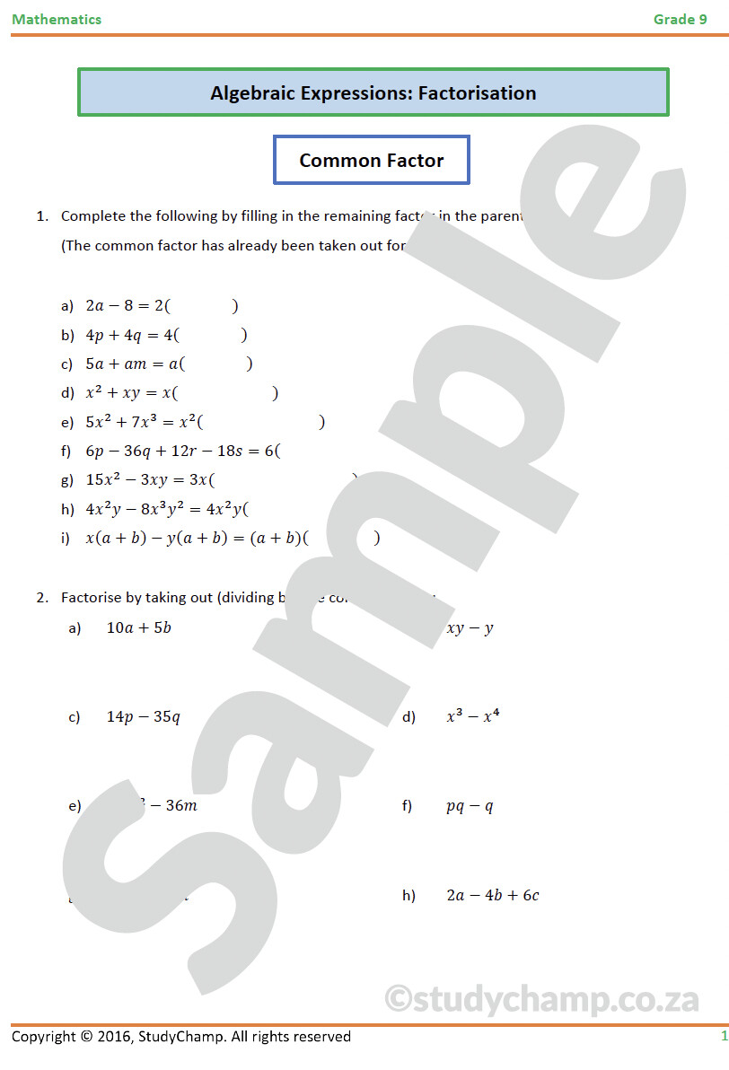 Grade 9 Mathematics Workbook Factorisation Grade 9 Mathematics Workbook Factorisation