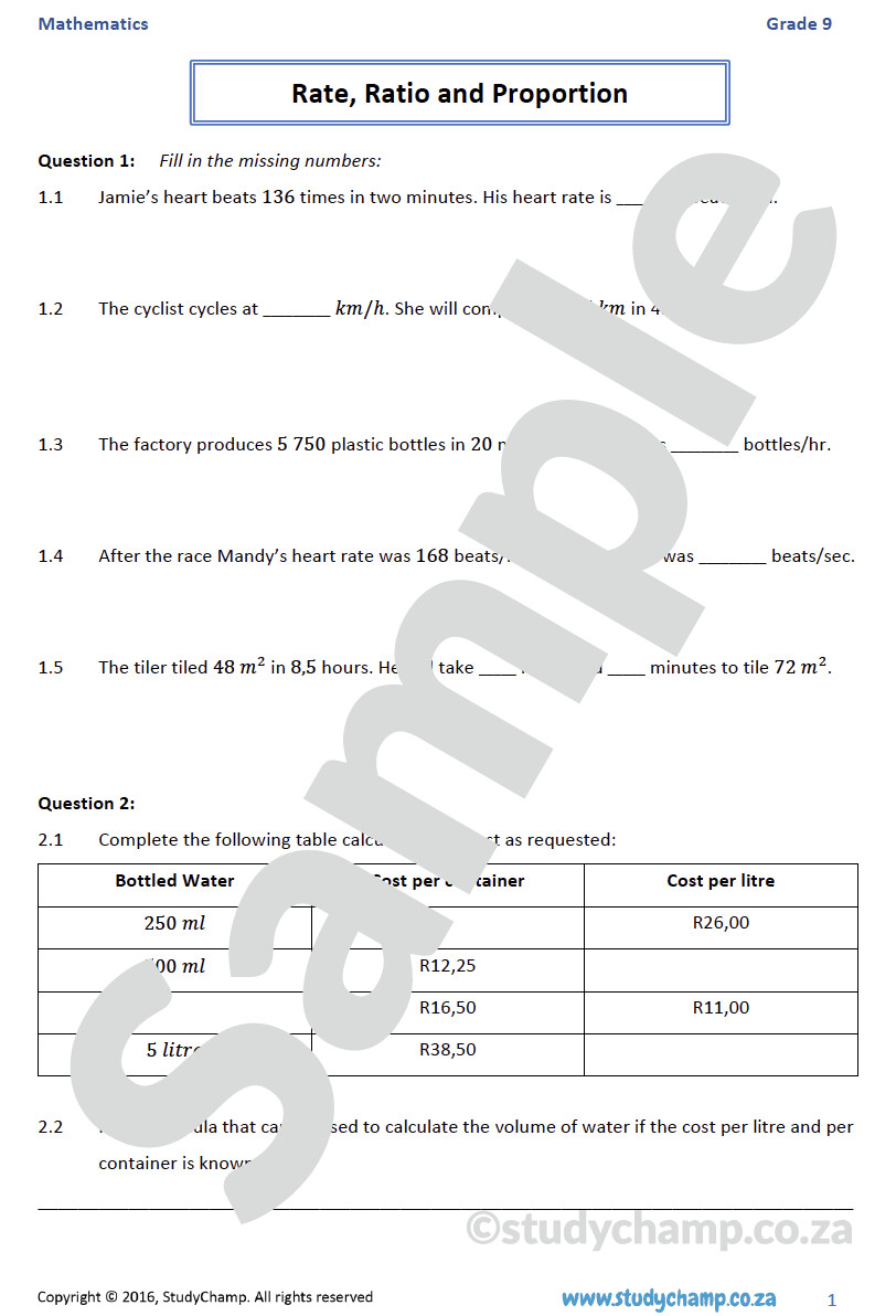 Grade 9 Mathematics Worksheet Rate Ratio And Proportion Grade 9 Mathematics Worksheet Rate Ratio And Proportion