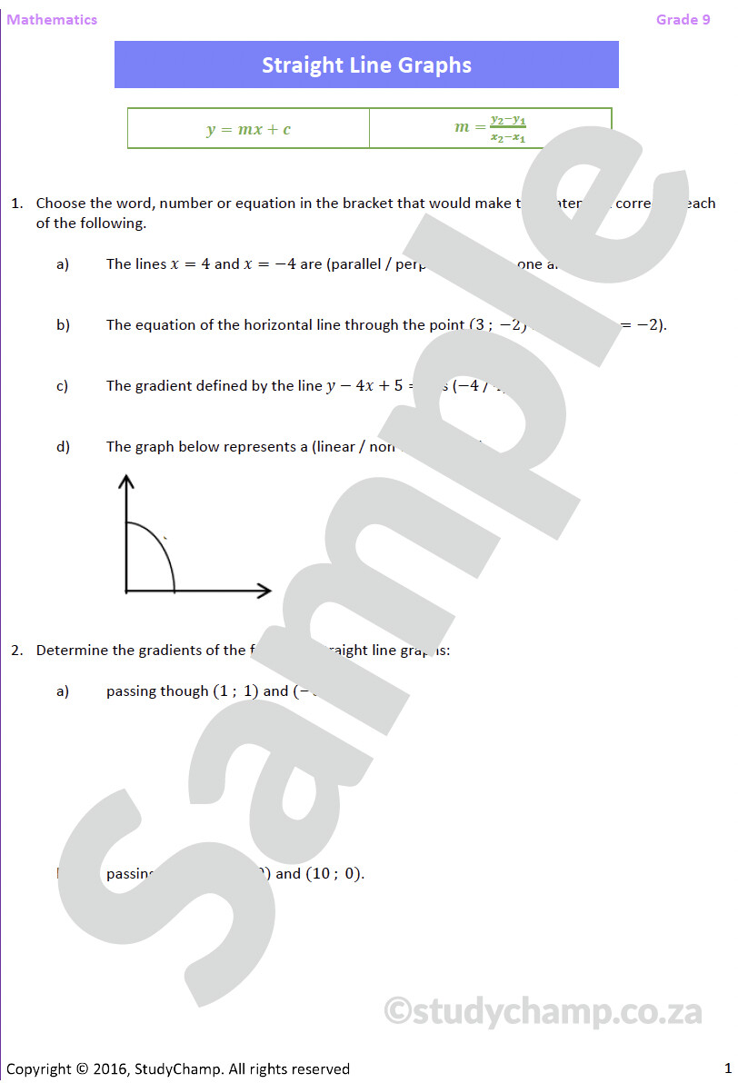 Grade 9 Mathematics Workbook: Straight Line Graphs