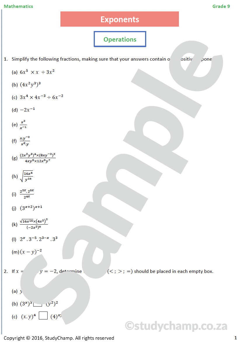 Grade 9 Mathematics Workbook: Exponents