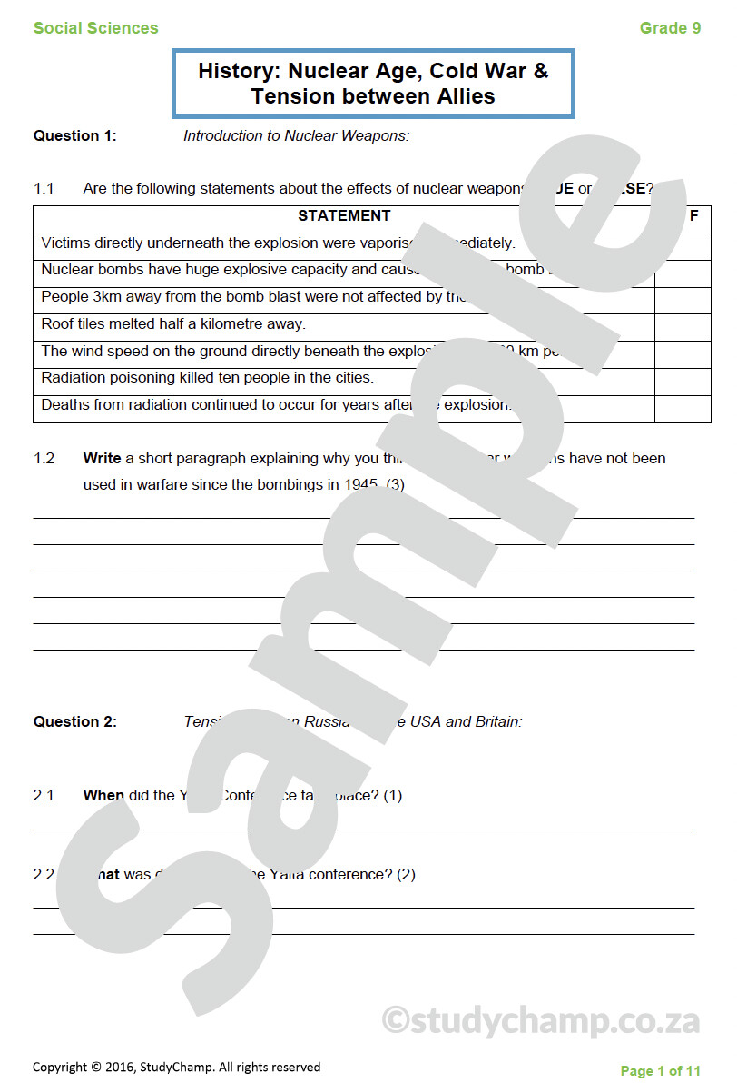 Grade 9 History Test: Nuclear Age and Cold War