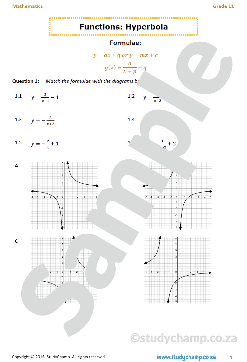 Grade 11 Mathematics Worksheet: Functions - Hyperbola