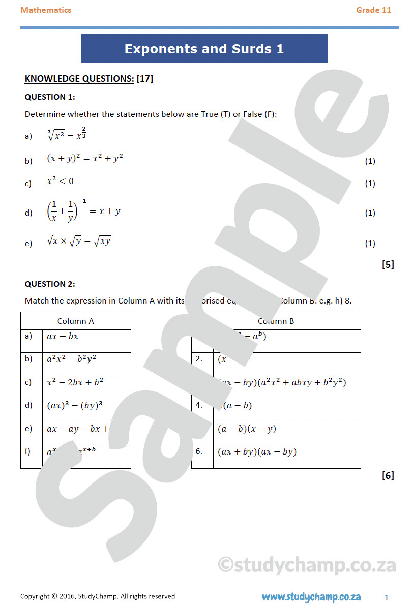 Grade 11 Mathematics Test Exponents And Surds 1 Grade 11 Mathematics Test Exponents And Surds 1
