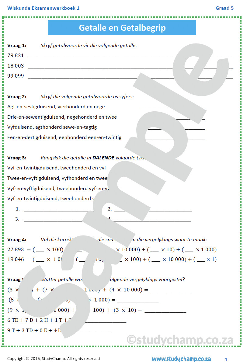 Graad 5 Wiskunde Jaareind Hersiening: Werkboek 1
