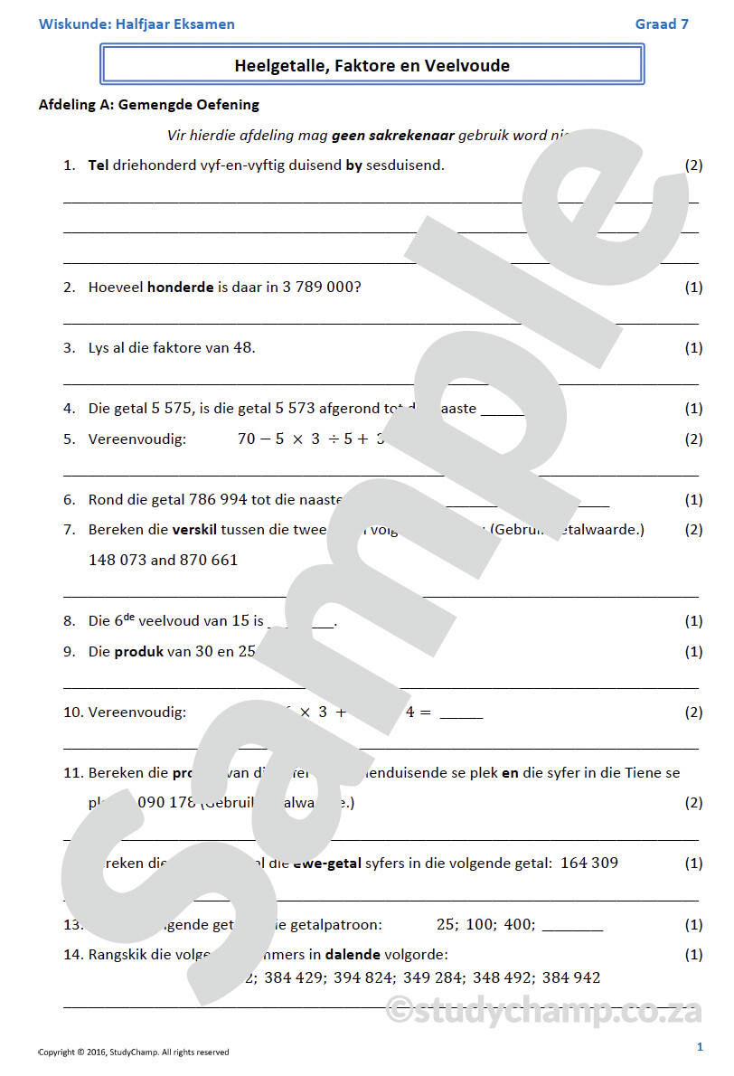 Graad 7 Wiskunde Halfjaar Hersiening: Werkboek 1