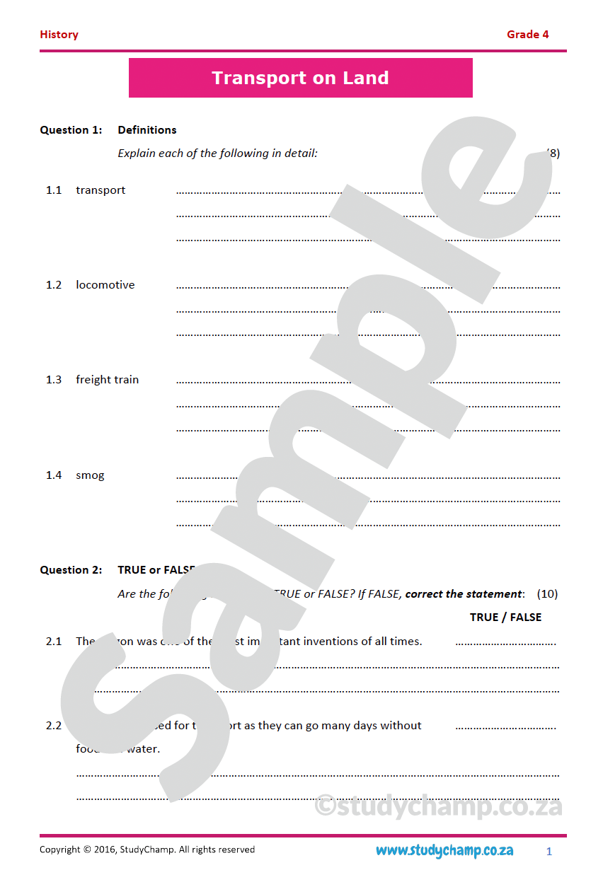 Grade 4 History Test: Transport on Land