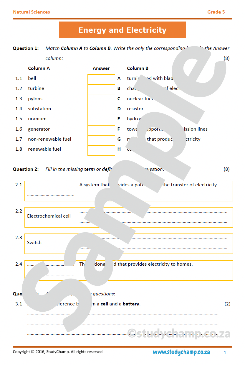Grade 5 Natural Sciences Test: Energy and Mains Electricity