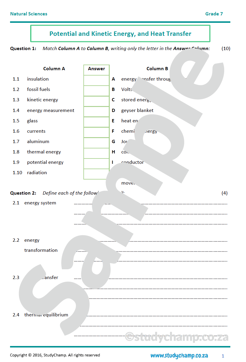 Grade 7 Natural Sciences Test: Potential and Kinetic Energy and Heat ...