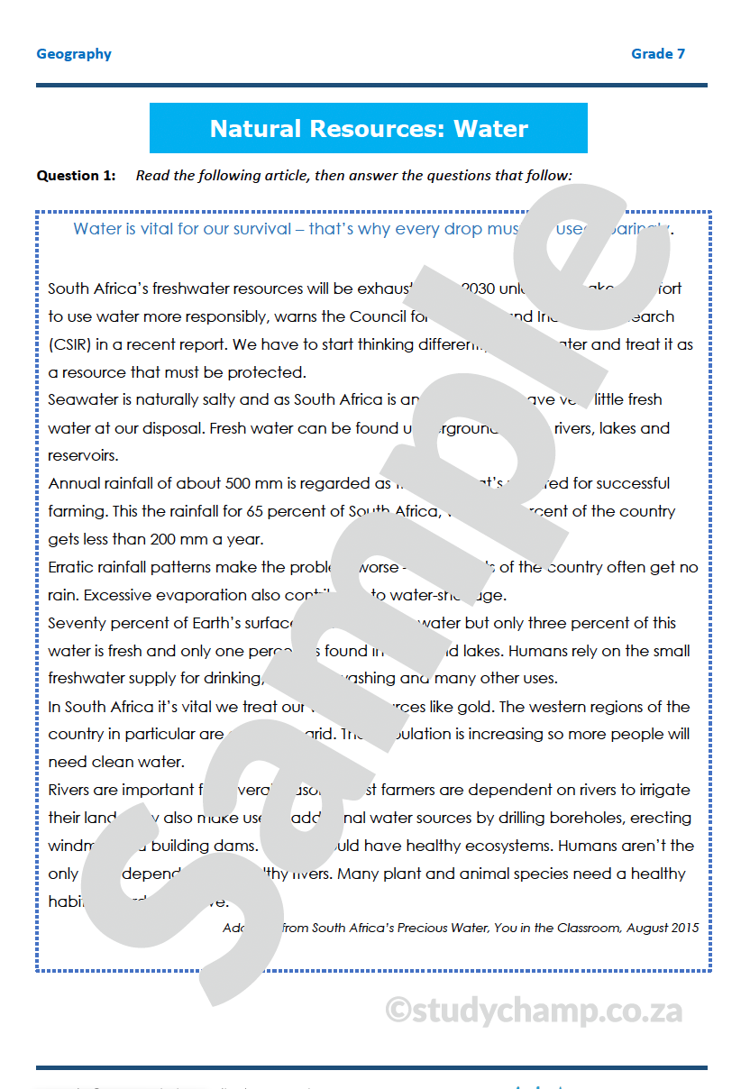 Grade 7 Geography Test: Water Resources