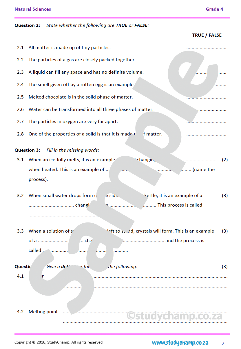 Grade 4 Natural Sciences Test: Matter and the Water Cycle